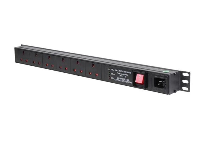 1U 6 Way Vertical 13A switched PDU – UK > C19 INLET and 5 metre cord ...